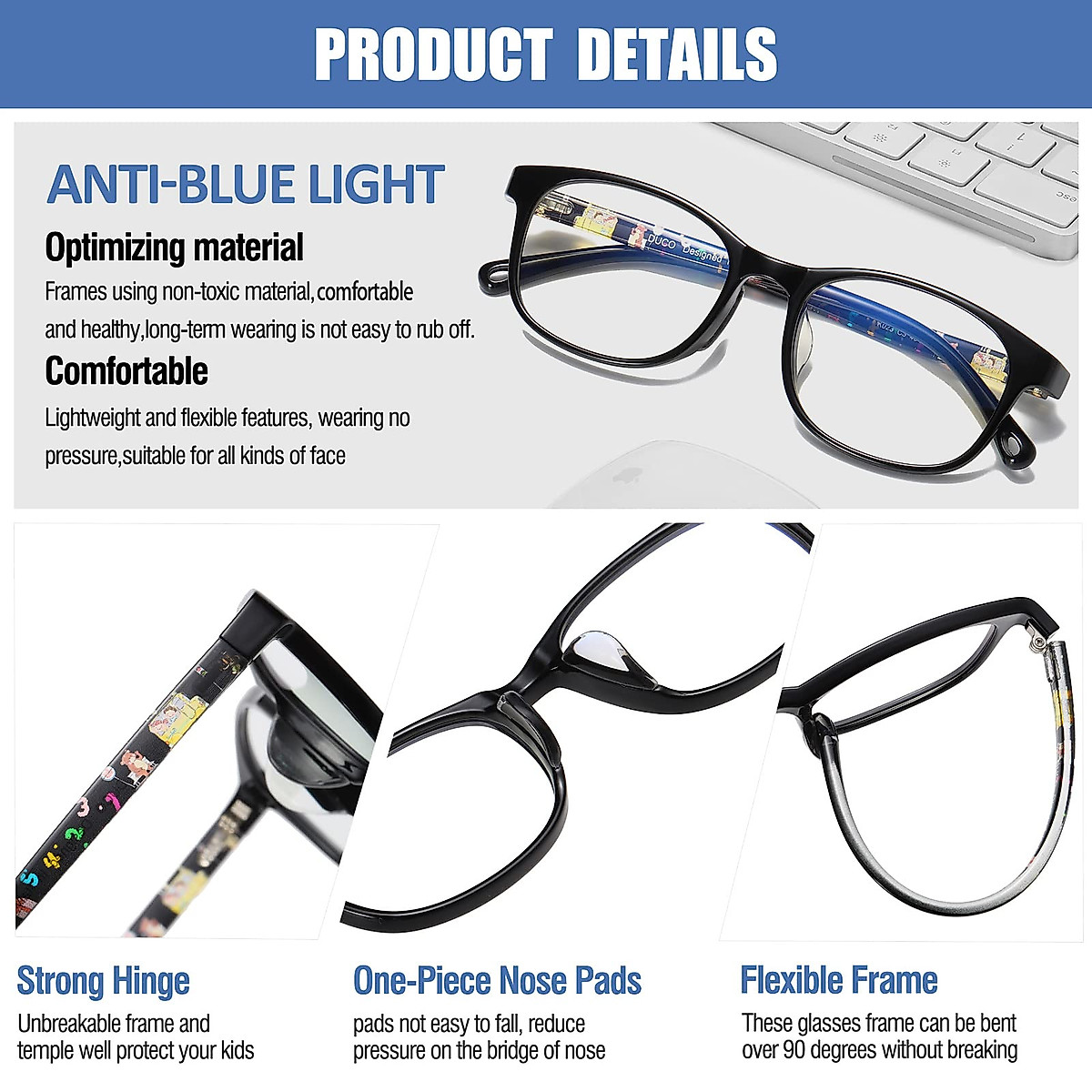DUCO Blue Light Glasses for Kids Girls Boys,Gaming Computer TV Phone Fake Glasses for Kids Age 6-10,Anti Bluelight & UV K023
