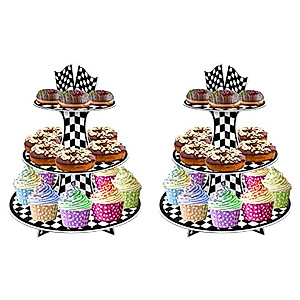 2 Set 3-Tier Racing Car Theme Round Cardboard Cupcake Stand for 24 Cupcakes Perfect for Racing Cars Birthday Party Supplies Black and White Checkered Party Decorations Let's Go Racing Car Party Decor