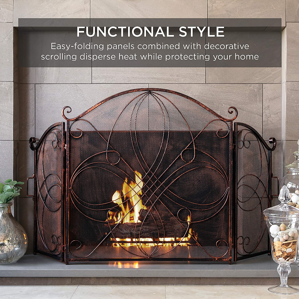 Best Choice Products 3-Panel 55x33in Solid Wrought Iron See-Through Metal Fireplace Screen, Spark Guard Safety Protector w/Decorative Scroll - Copper