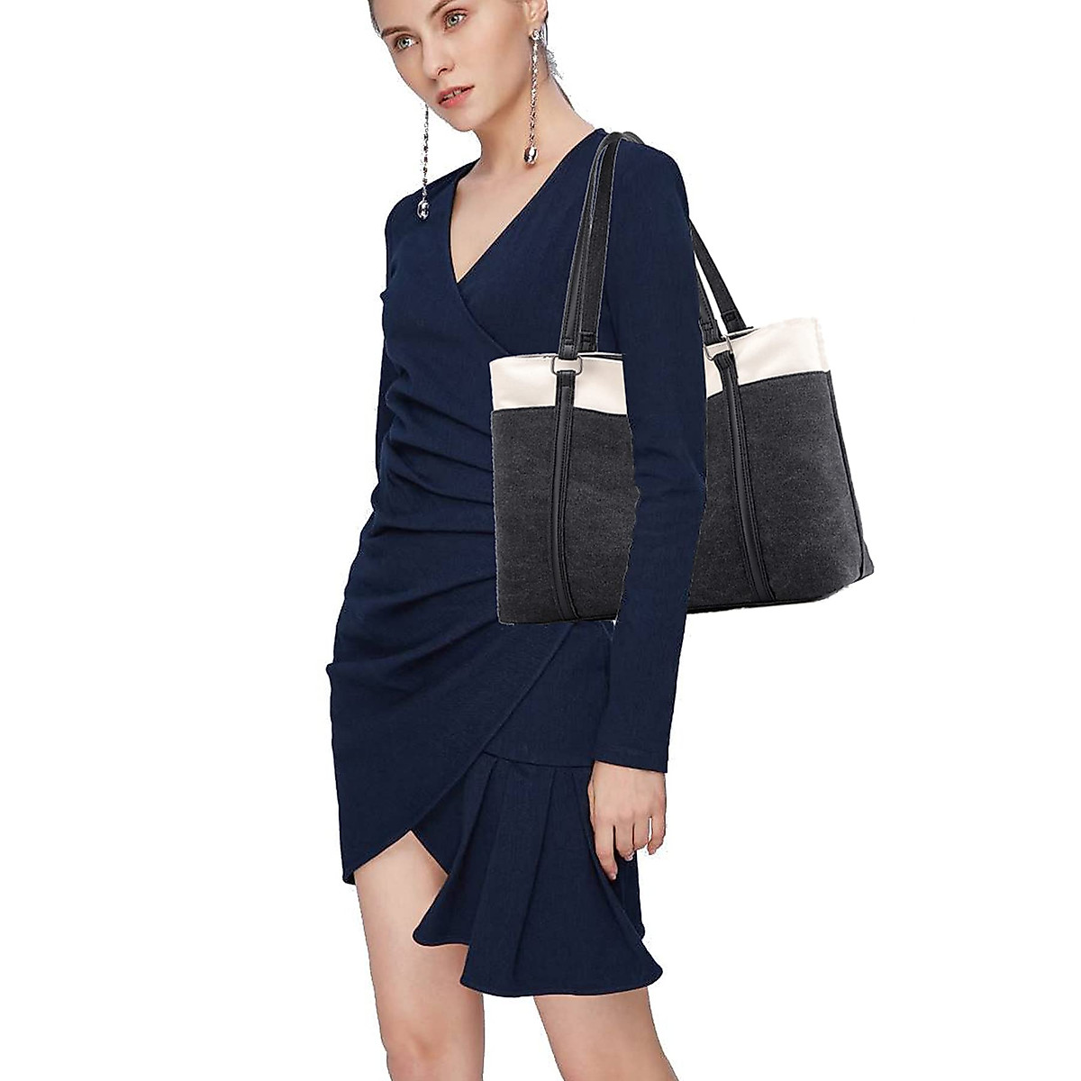 VOGUZY Laptop Tote Bag 15.6 Inch, Canvas Large Work Tote Bag Computer Shoulder Bag for Women,Laptop Carrying Case Gift for Office College Travel,Black