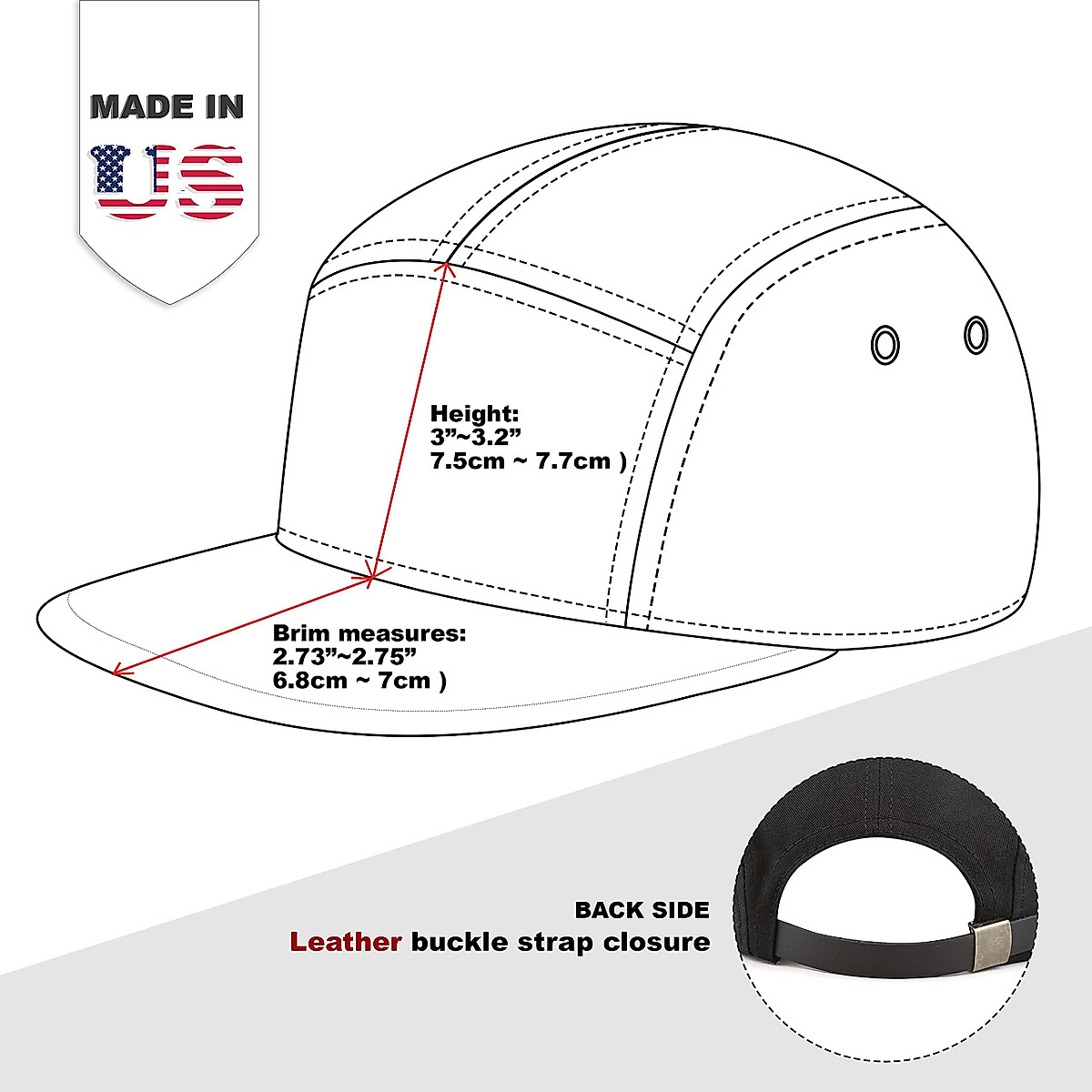 The Hat Depot Made in USA 5 Panel Genuine Leather Brass Closure Flat Brim Biker Cap (Black)