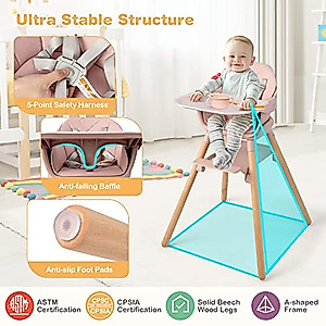 HONEY JOY Baby High Chair, 6 In 1 Convertible Wooden Highchair for Babies and Toddlers/Toddler Chair/Bar Stool, Removable Double Tray & Reversible Footrest, Safety Harness for Infant Boys Girls (Pink)