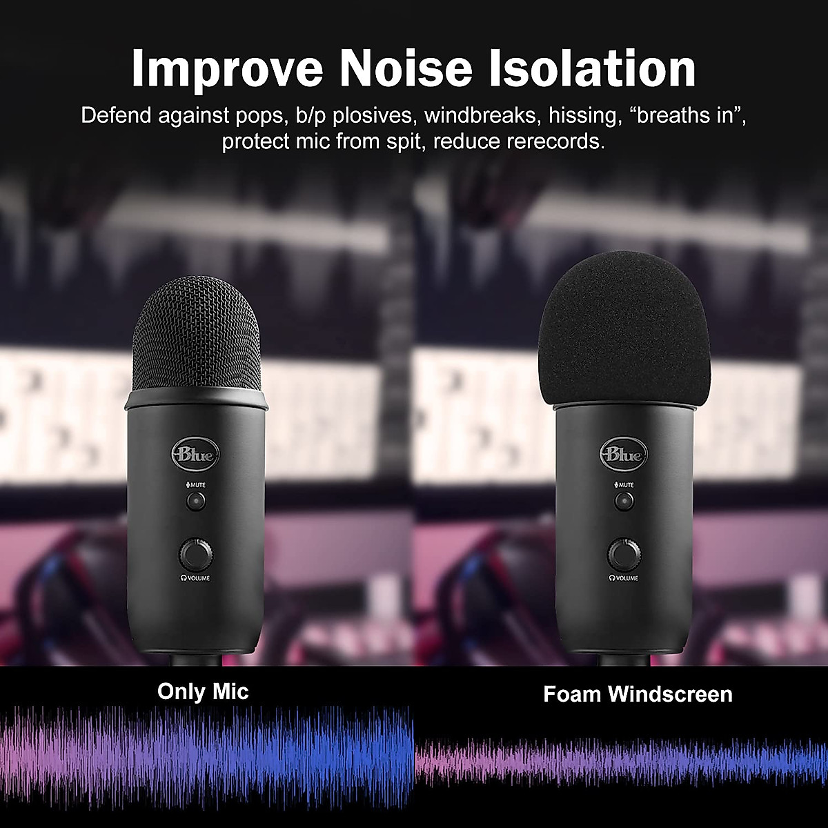 Foam Microphone Windscreen for Blue Yeti - Professional Pop Filter for 2.5 Inch Diameter Microphones Sponge Mic Cover 2Pcs