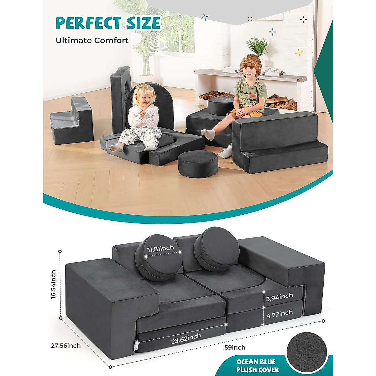 Kidirect Modular Kids Play Couch, K12 320+DIY Convertible Foam Couch for Boys & Girls, Versatile Foam Fort Building Set, Child Sectional Kids Sofa for Playroom Bedroom(Space Grey)