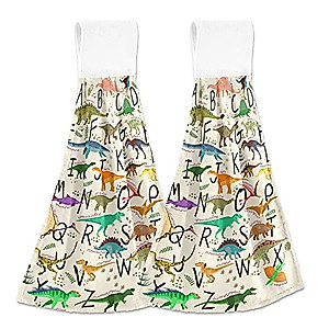 KOCOART Alphabet Dinosaurs Kid Kitchen Oven Towels Watercolor Hanging Hand Towel with Loop 2 Pieces Super Absorbent Dishcloth Fingertip Tea Bar Dish Towel for Bathroom Tabletop