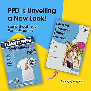 PPD Inkjet Premium Iron-On White and Light Colored T Shirt Transfers Paper LTR 8.5x11” Pack of 20 Sheets (PPD001-20)