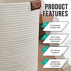 Organizix Large Cotton Rope Laundry Hamper Woven Basket with Leather Handles, Storage Basket for Toys, Blanket, Throws, Pillows and Towels - 16 x 18, Cream