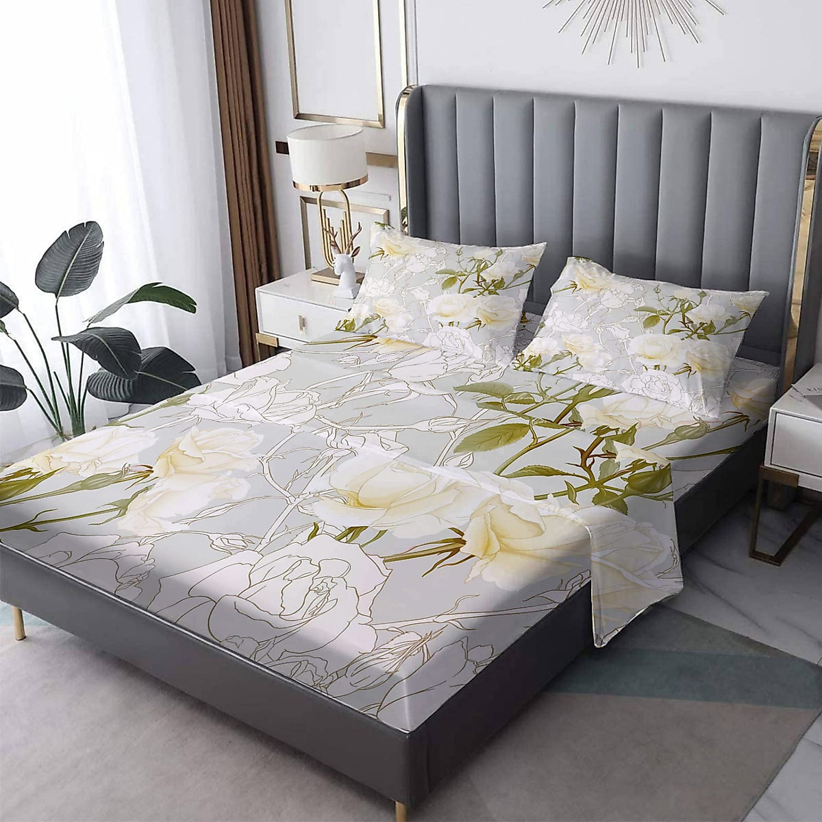 THYUNQ Floral Sheets for California King Size Bed, Botanical Flower Pattern Bedding Sheets & Pillowcases 4 Piece, Soft Microfiber Printed Sheet Set with 14 Inch Deep Pocket Fitted Sheet