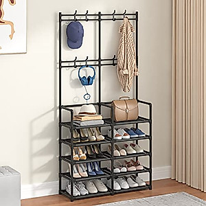 Laiensia 5-Tier Entryway Coat Rack, Coat and Shoe Rack, Entryway Bench Storage Organizer with 8 Hooks for Bedroom, Hallway, Office, Black