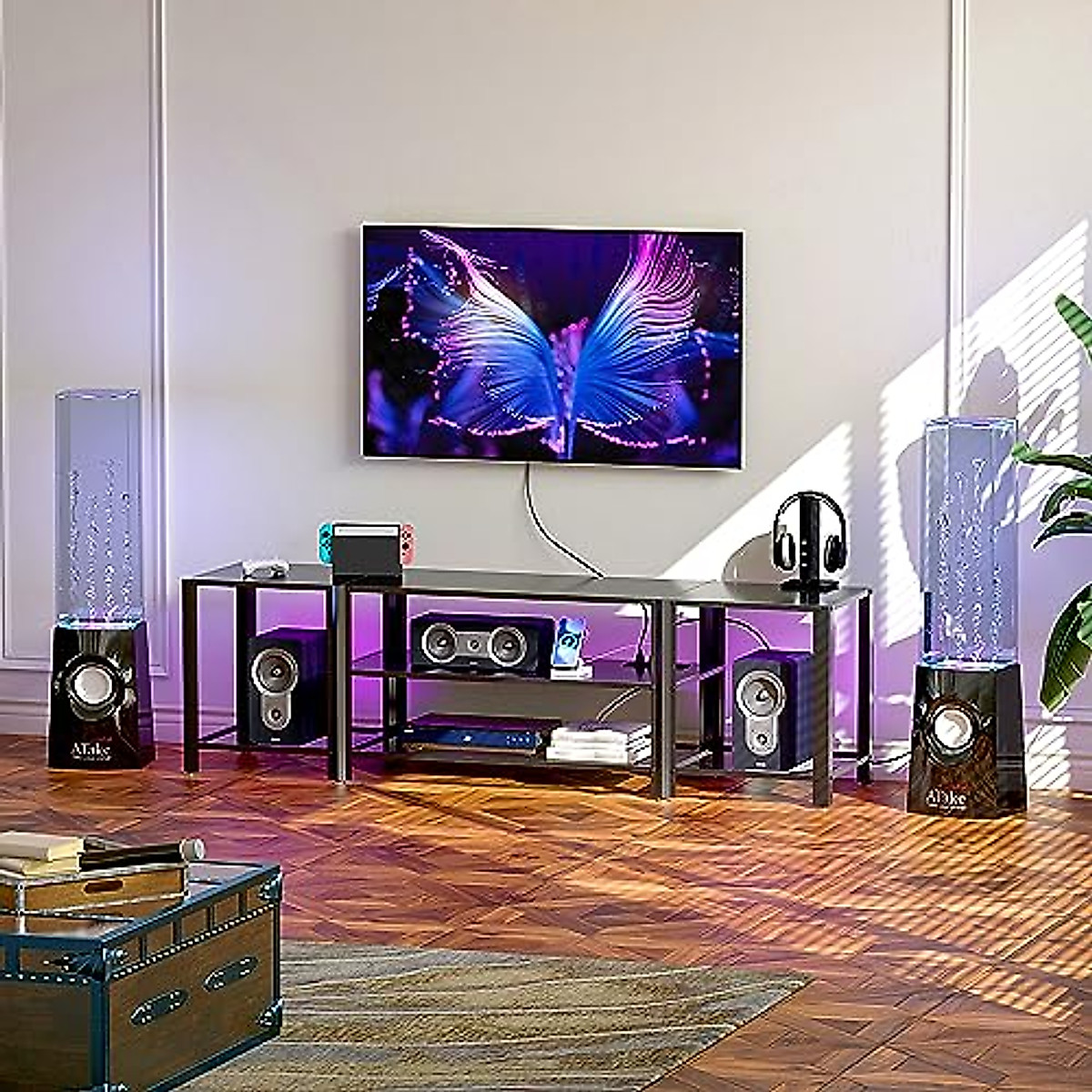 Tantmis Industrial TV Stand with Power Outlet for 55/65/70/75 inch TVs, 3-Tier Entertainment Center, TV Console Table with Open Storage Shelves, Wood TV Stand for Living Room, Bedroom, Black