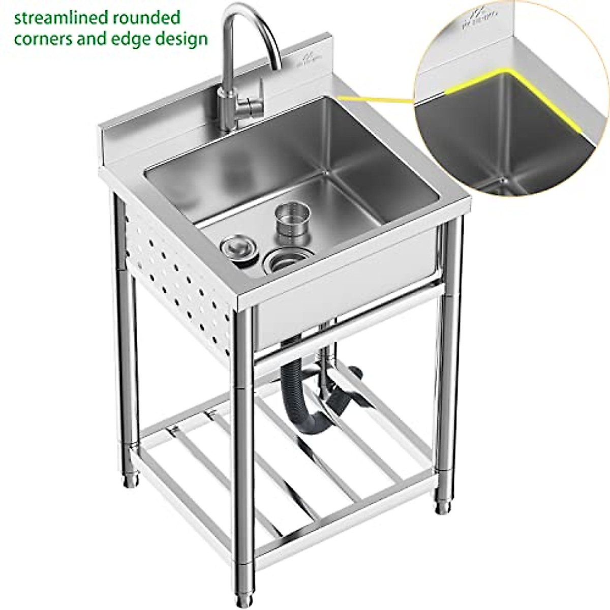 KENPIKO Utility Sink,Stainless Steel Sink,Outdoor Sink,Camping Sink,Laundry Room,Backyard, Garages,Free Standing Sink for Indoor Outdoor, with Storage Shelves&Drainer Unit Faucet Combo with Strainer