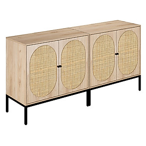 Yechen Set of 2 Sideboard Storage Cabinet with Handmade Natural Rattan Doors, Buffet Cabinet with Storage, for Living Room, Dining Room, Entryway, Kitchen, Nature 1