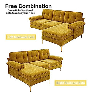 TEKAMON Yellow Sectional Sofa Couch for Living Room, Samll couches for Small Spaces, Chenille Fabric L- Shaped Sofa, Modern Loveseat Sofa with Chaise, Removable Covers，Convertible/Reversible Couch