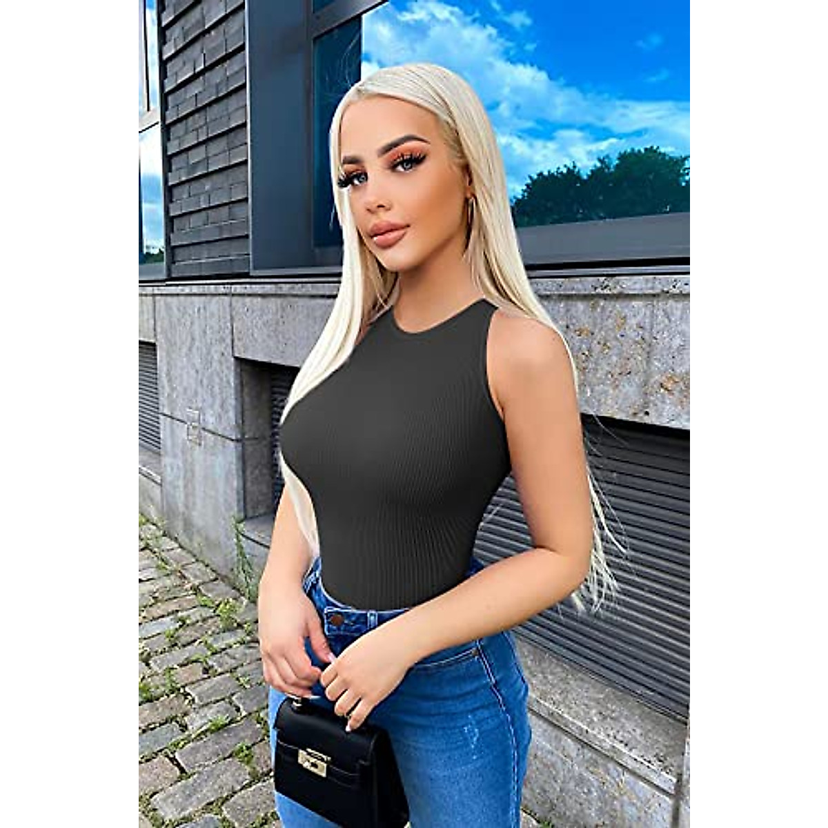 OQQ Women's 3 Piece Sexy Ribbed One Sleeveless Halter Neck BodySuit, Black Tea Leaf Beige, Medium