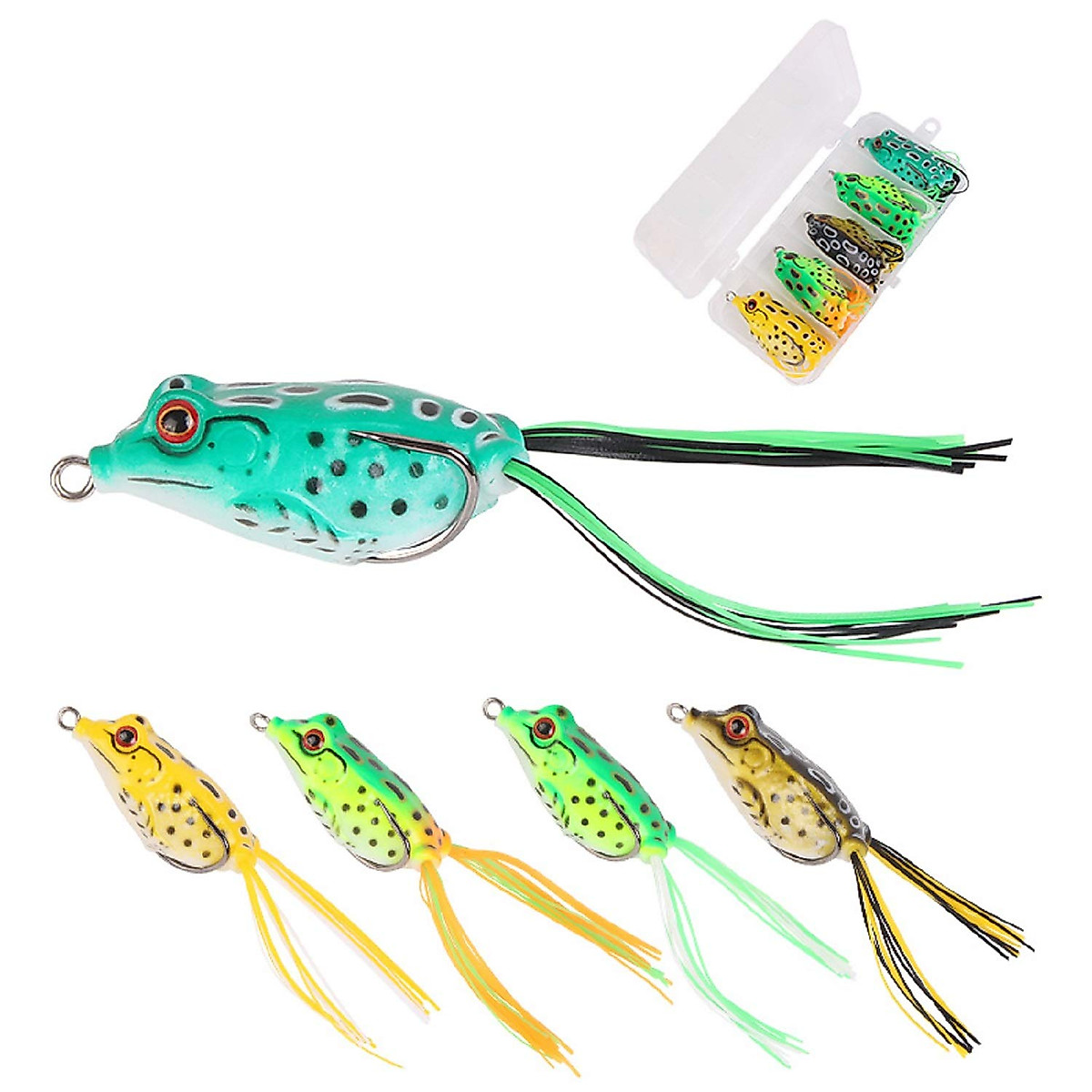 5pcs Frog Topwater Fishing Crankbait Lures Double Sharp Hooks Soft Bait for Bass Salmon Freshwater Saltwater Fishing with Tackle Box
