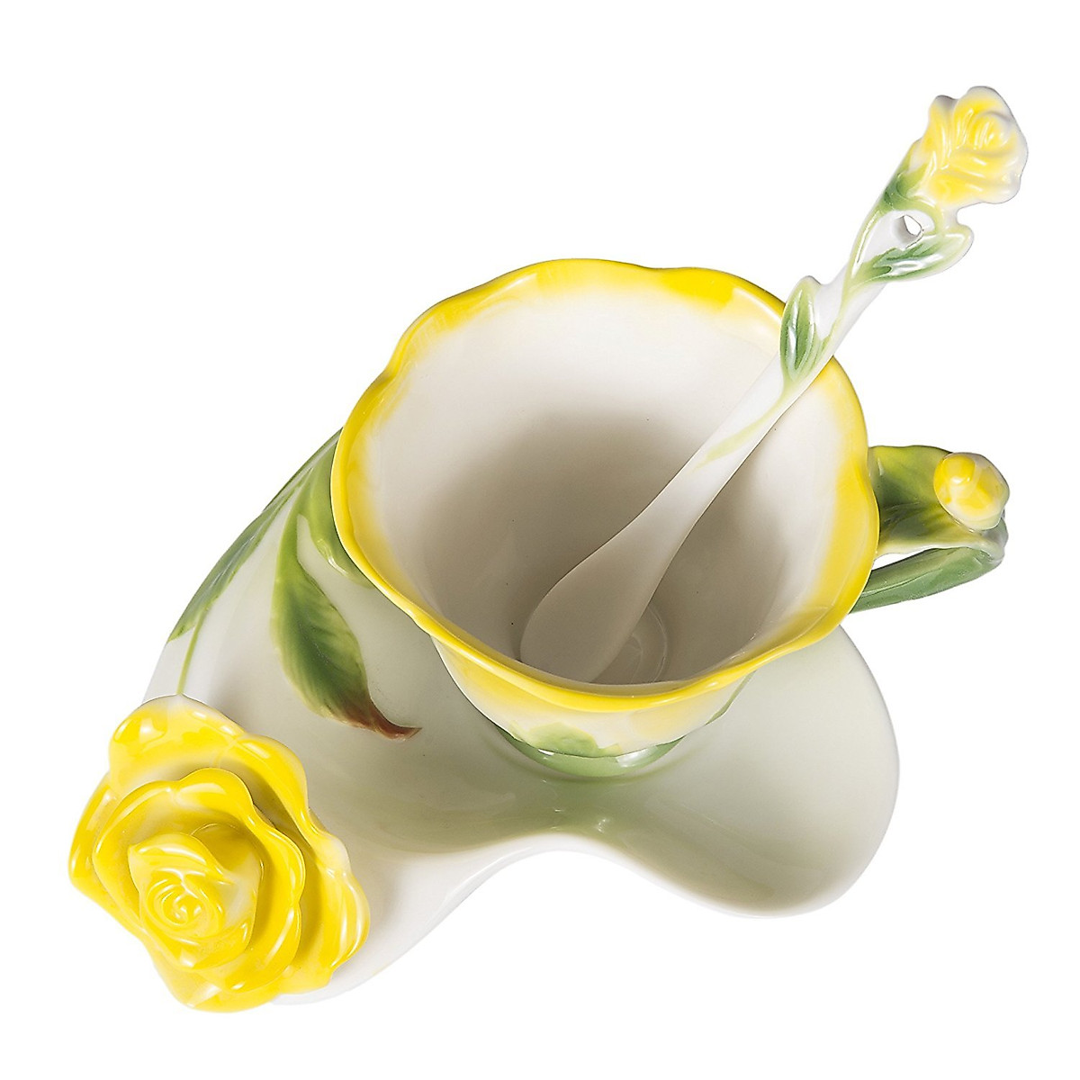 YBK Tech Creative 3D Rose Bone China Ceramic Coffee Mugs Afternoon Tea Cup and Saucer Set (Yellow)