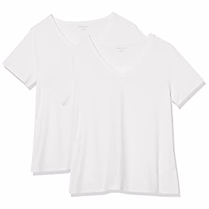 Amazon Essentials Women's Classic-Fit Short-Sleeve V-Neck T-Shirt, Pack of 2, White, Large