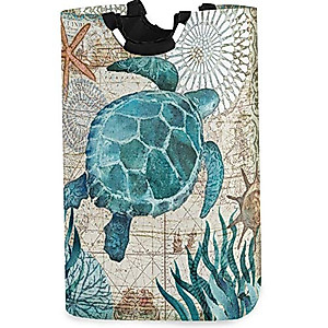visesunny Coral Turtle On The Wood Large Laundry Bag Collapsible Oxford Fabric Laundry Hamper Foldable Portable Dirty Clothes Laundry Basket with Handles Waterproof Washing Bin Laundry Tote Bag