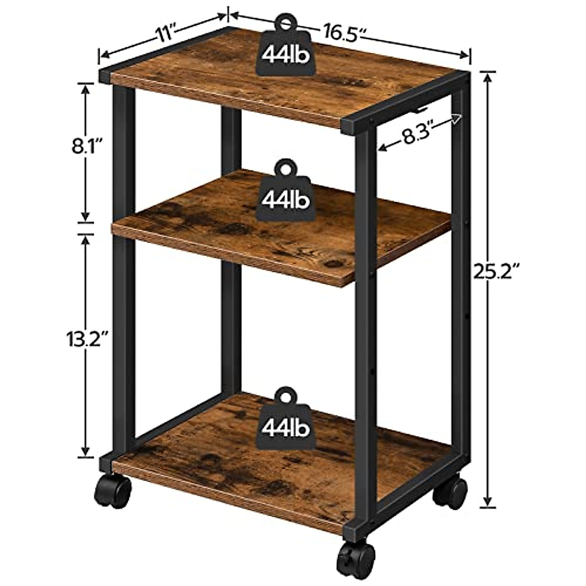 HOOBRO Mobile Printer Stand, 3-Tier Printer Cart Under Desk with Storage, Industrial Adjustable Rolling Cart , Sturdy Little Table on Wheels for Home Office, Rustic Brown and Black BF28PS01