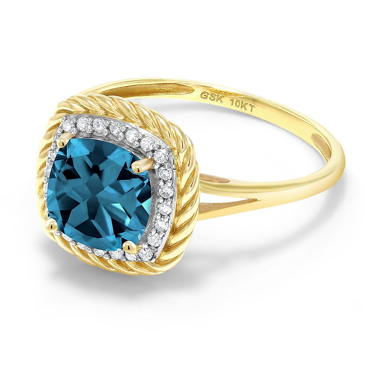 Gem Stone King 10K Yellow Gold Gemstone Birthstone and White Diamond Engagement Ring | Cushion 7MM | Wedding Engagement Anniversary Promise Gold Ring For Women