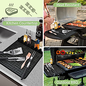 Pet Baby 2PCS Silicone Griddle Tools Mat, Large Spatula Mat with Drip Pad Griddle Silicone Mat Side Shelf Mat for Grill BBQ Griddle Accessories(Black15.35"*10.63")