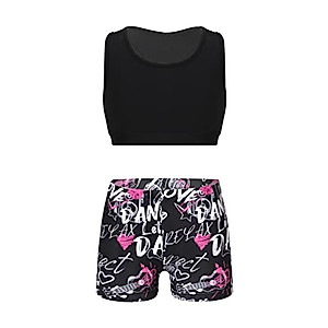 YONGHS Kids Girls Sports Tankini Outfit Crop Top with Booty Shorts Gymnastic Suit Swimsuit Swimwear Rock Music Rose 5-6 Years