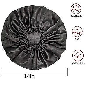 Satin Bonnets, Adjustable Satin Bonnets for Women, Double Layer Large Sleeping Silk Bonnet, Soft Sleep Bonnet for Women Girls Curly Natural Hair Night Sleep Cap(Black)