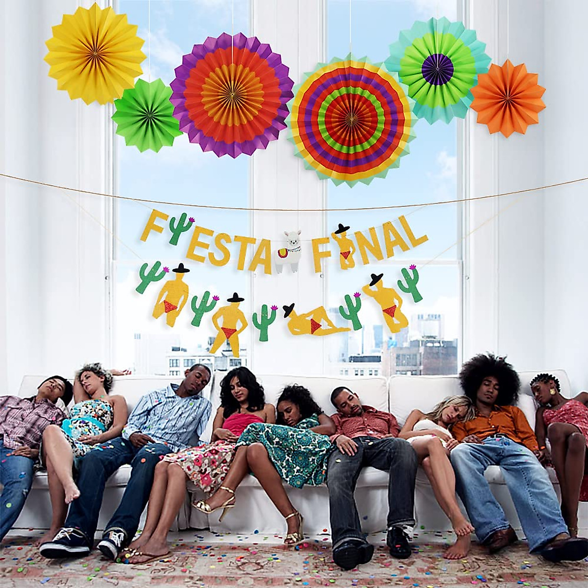 Ecore Fun Banner Mexican Fiesta Theme Party Decor Bachelorette Party Decor Supplies, include Bachelorette Party Fiesta Banner, Glittery Cactus Men Pattern Garland, Fiesta Paper Fans for Party Supplies