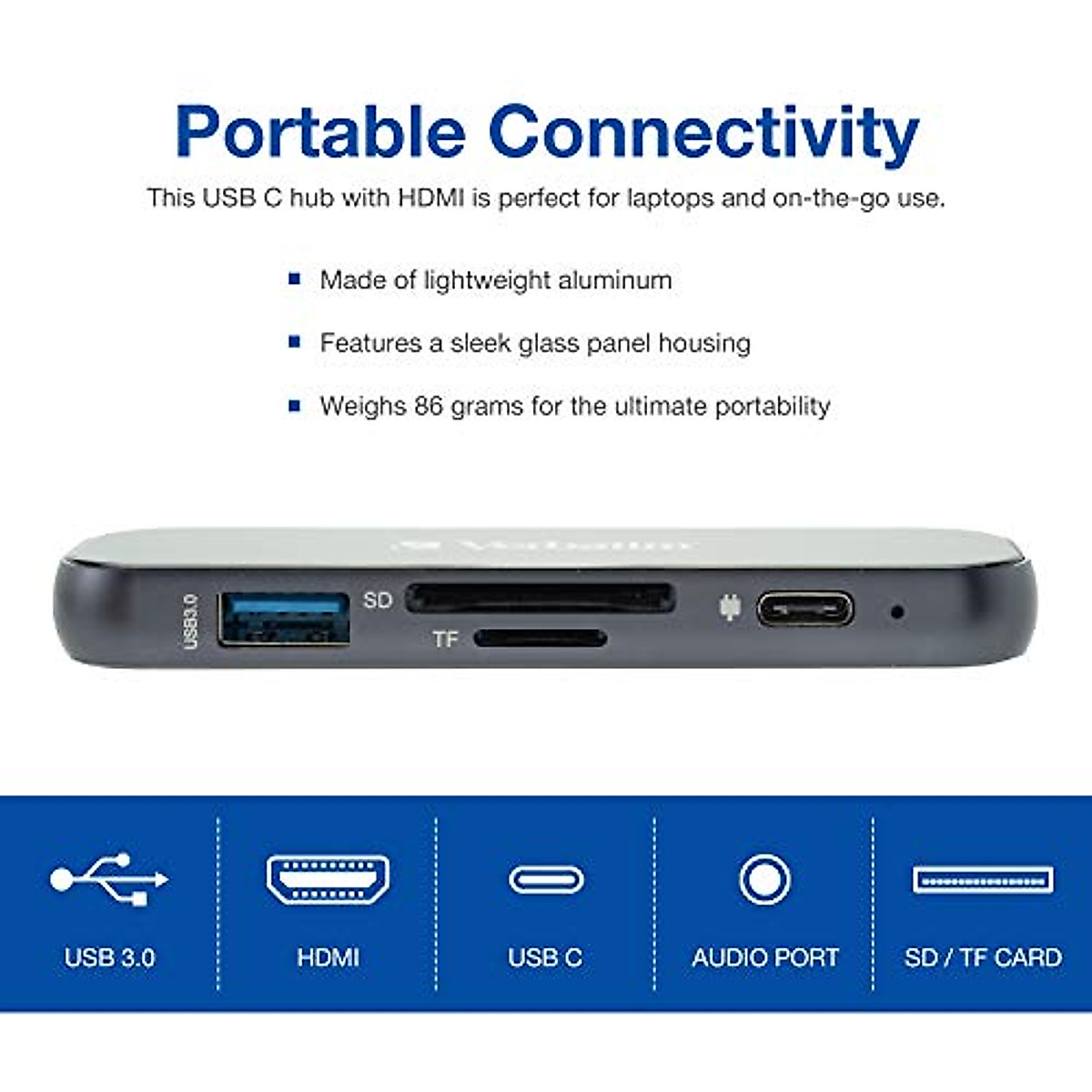 Verbatim 6-in-1 USB C Hub Adapter - 100W Power Delivery, USB 3.0 Ports, SD Card Readers, 3.5mm Audio Port for USB C Laptops + 6FT Monster 4K Ultra HDMI Cable