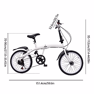 GMSLuu Adult Folding Bike, 20-inch Wheels with 7-Speed Drivetrain, Carbon Steel Frame Bike for Women and Men, Lightweight Bicycle for Work School, White Portable Camping Bicycle