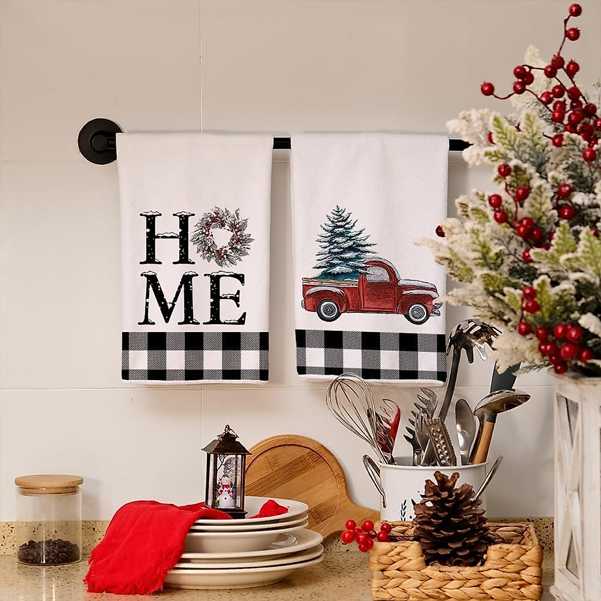 ARKENY Christmas Dish Towels for Christmas Decor Black Buffalo Plaid Kitchen Towels 18x26 Inch Xmas Wreath Snow Washcloths Seasonal Noel Red Truck Home Hand Towel for Cooking Set of 2