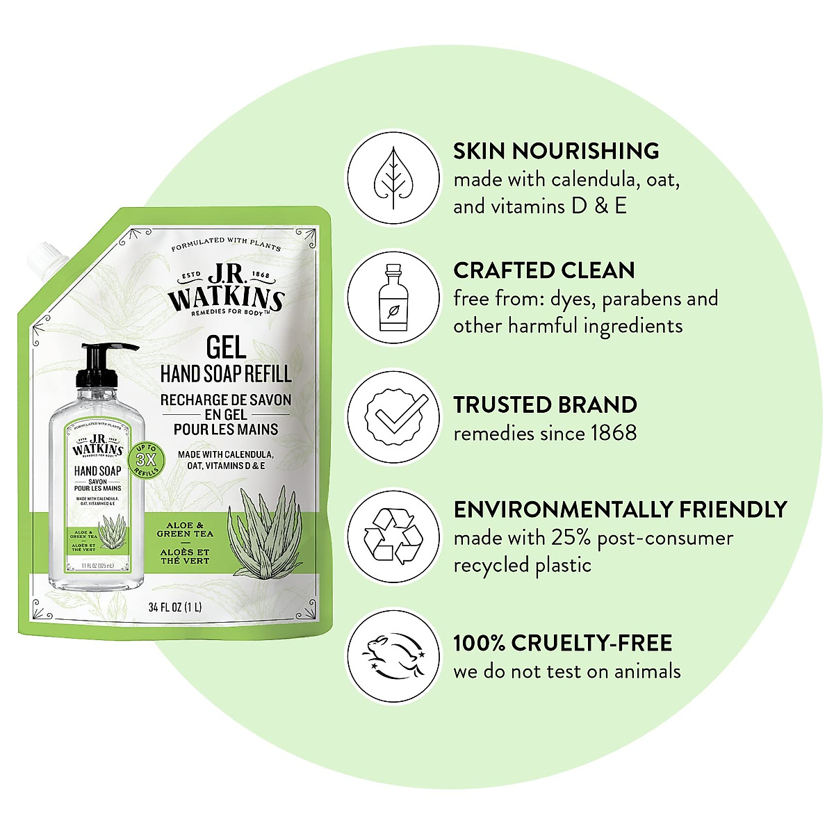 J.R. Watkins Gel Hand Soap Refill, Moisturizing Hand Wash, All Natural, Alcohol-Free, Cruelty-Free, USA Made, Aloe Green Tea, 34 Fl Oz, 3 Pack