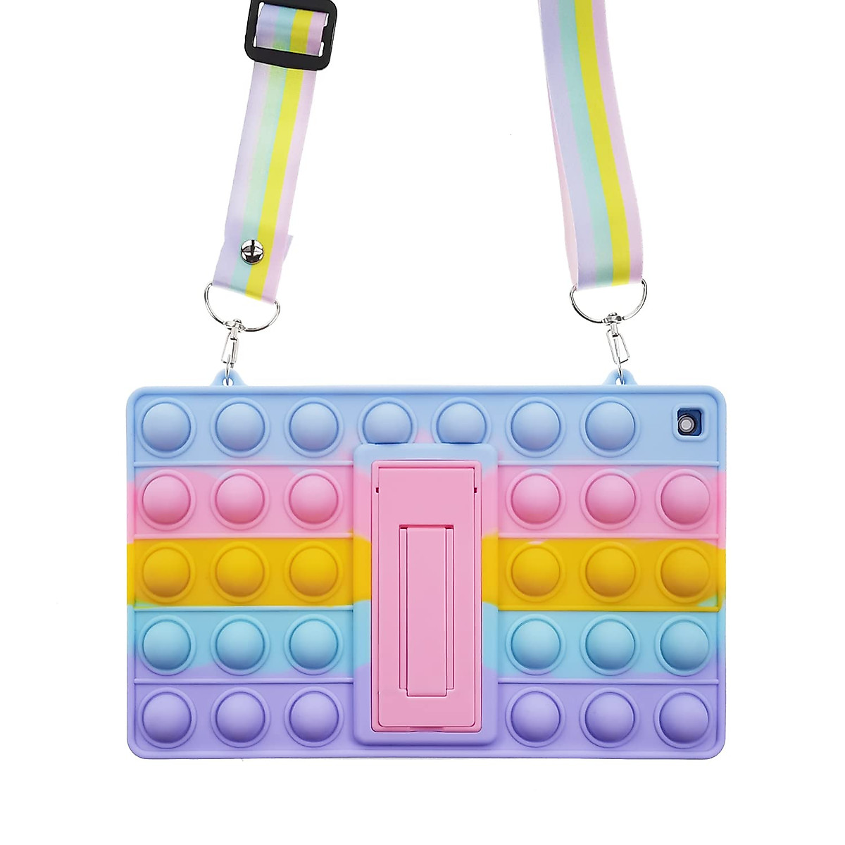 iZi Way Pop It Tablet Case for Amazon Fire HD 10 10.1" Kids (9th & 7th Generation, 2019/2017 Release), Fidget Toy Popit Poppet Push Bubble Wrap Cute Silicone Cover Stand Lanyard - Rainbow