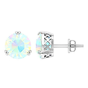Natural Ethiopian Opal Solitaire Stud Earrings, Certified 8 MM Rainbow Opal, AAA Quality, October Birthstone Earrings, 14K White Gold