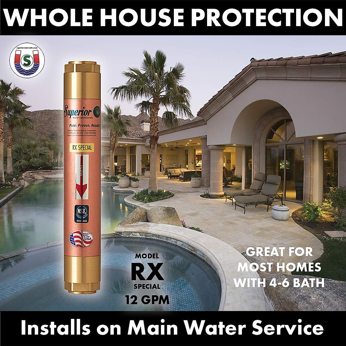 Superior Water Conditioners Model RX Special Home Water Conditioner System with No Salt - Electric, Inline, Salt Free Water Conditioner and Descaler System for Larger Homes - 12 GPM, 1" Inlet/Outlet