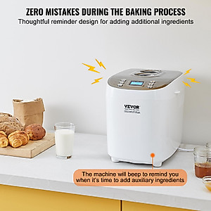 VEVOR Bread Maker, 15-in-1 3LB Dough Machine, Nonstick Ceramic Pan Automatic Breadmaker with Gluten Free Setting, Whole Wheat Bread Making, Digital, Programmable, 3 Loaf Sizes, 3 Crust Colors, White