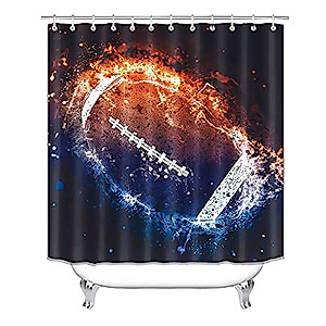 Jayden Madge 4PCS/Set Burning American Football Shower Curtain, Ice and Fire Championship Cool Sports Bathroom Decor for Men, Waterproof Fabric Black Shower Curtain, Non-Slip Bath Rugs, Flaming Ball