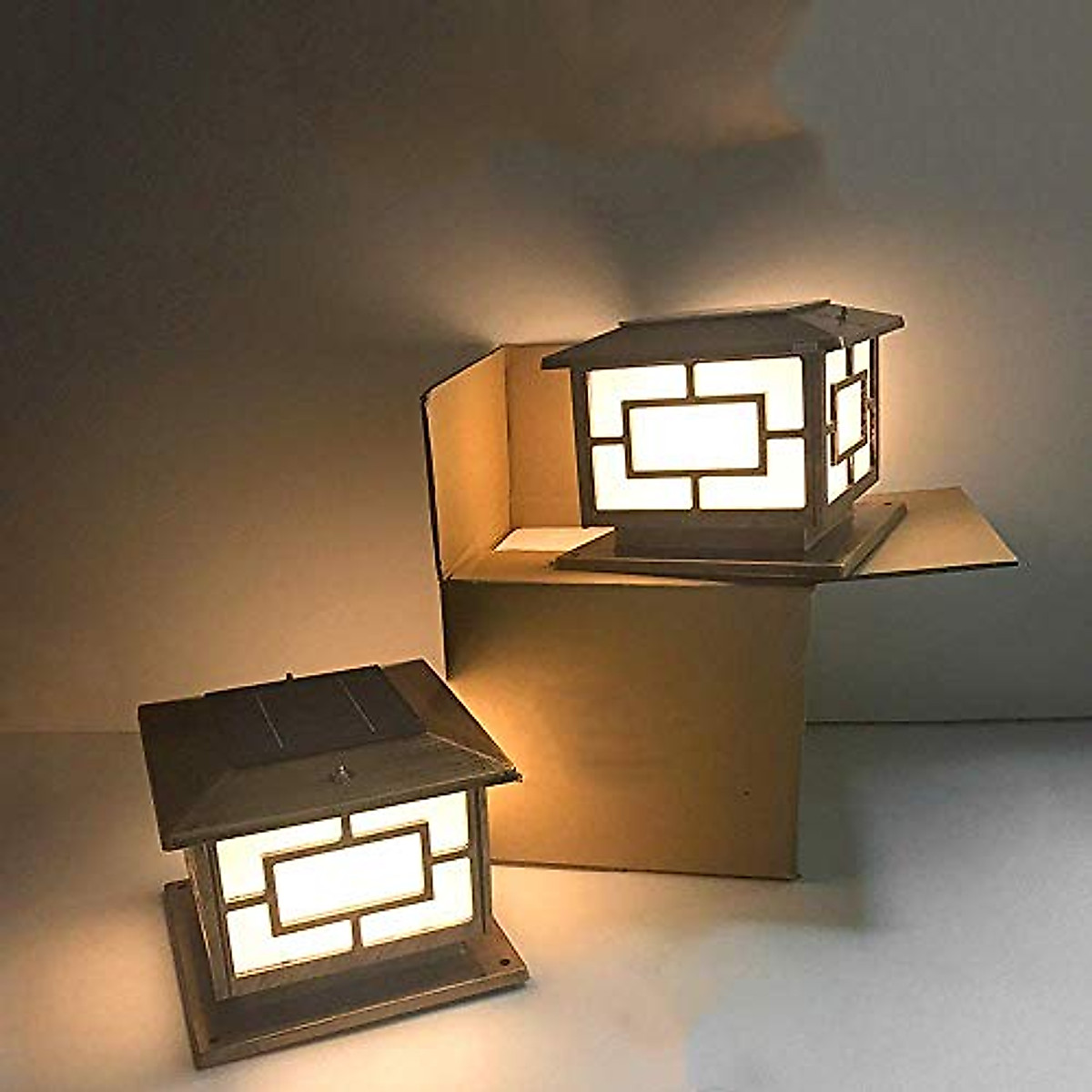 Led Solar Three-Color Dimming Outdoor Column Lamps Industrial Square Glass Post Lights Street Home Door Garden Lighting Pillar Lights(Color:Brass,Size:L)