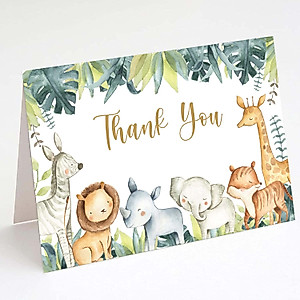 Buerhanerry 50 Safari Thank You Cards, 4x6 Jungle Animals Baby Shower Thank You Cards, Safari Themed Birthday Thank You Notes
