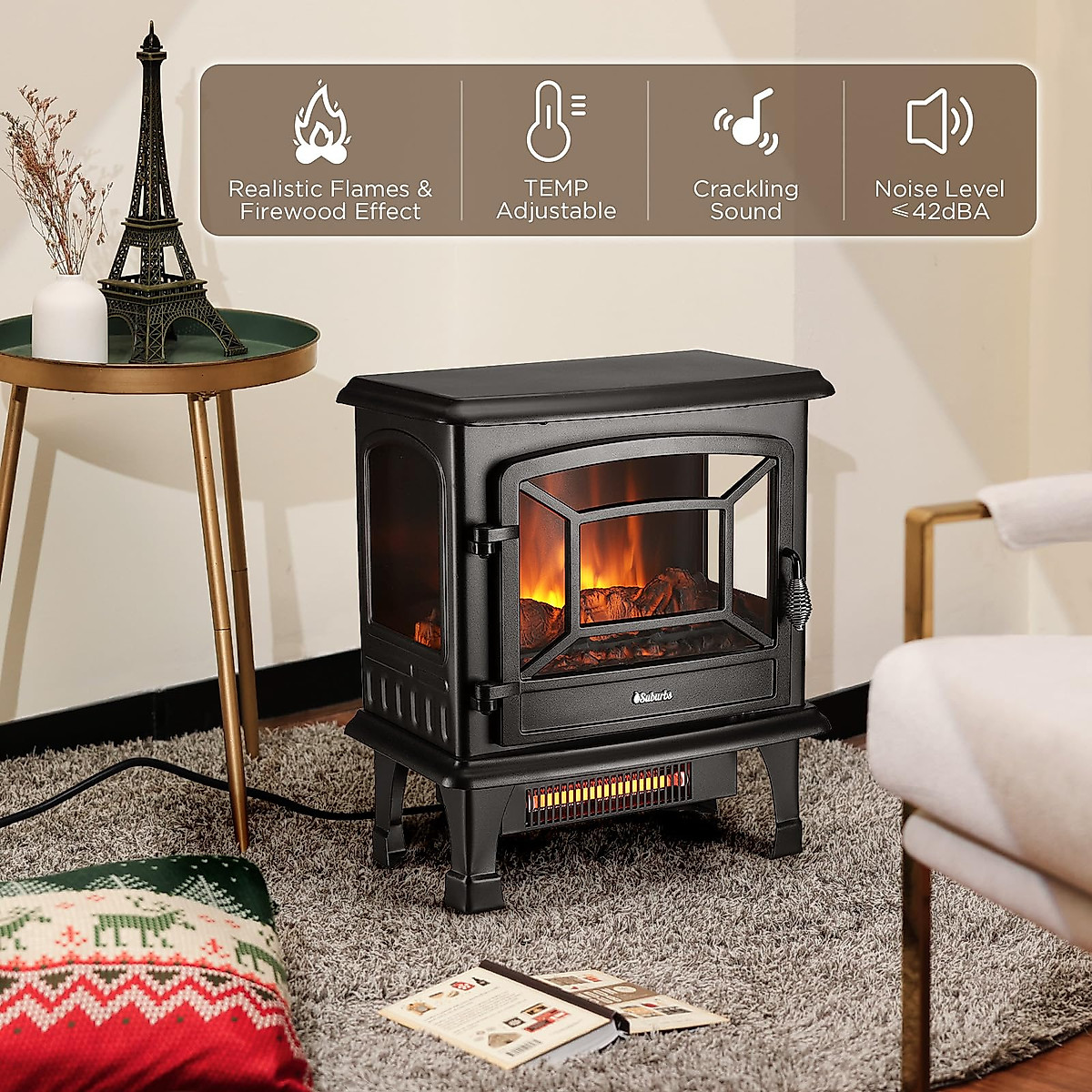 TURBRO Suburbs 20 in. Electric Fireplace Infrared Heater with Crackling Sound, Freestanding Fireplace Stove with Realistic Flame Effect, CSA Certified, Overheating Protection, Easy to Assemble, 1400W