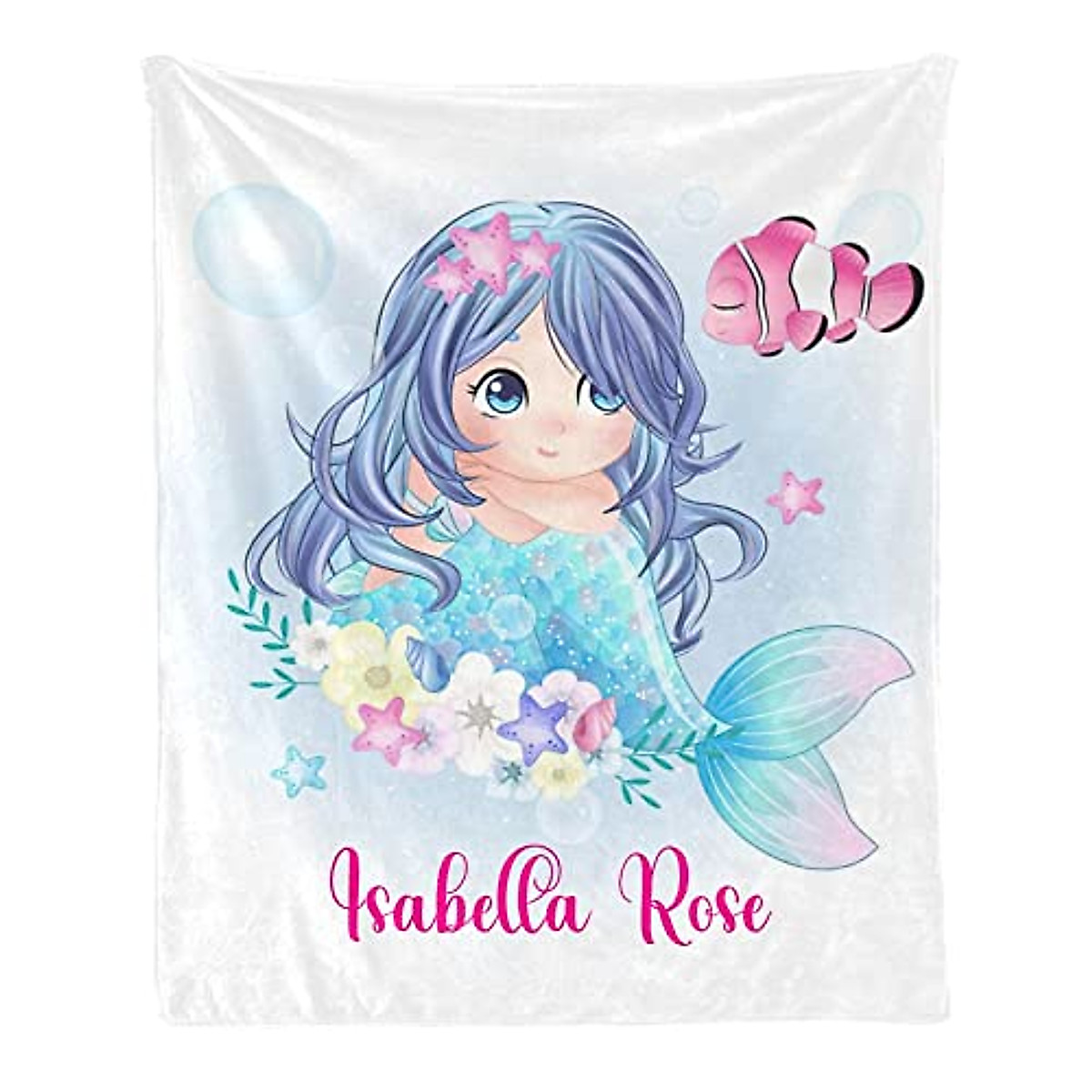 Custom Blanket Personalized Cute Mermaid and Fish Soft Fleece Throw Blanket with Name for Gifts Sofa Bed (50 X 60 inches)