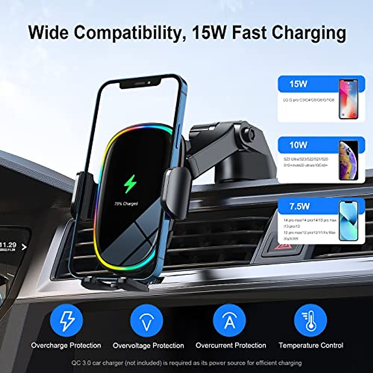 Wireless Car Charger Mount, SOARUN [Unique 7 Colors LED Dynamic Backlit] 15W Wireless Fast Charging Car Phone Holder, Auto-Clamping Wireless Car Charger for iPhone 14 Pro 13 12, Samsung S23 Ultra S22