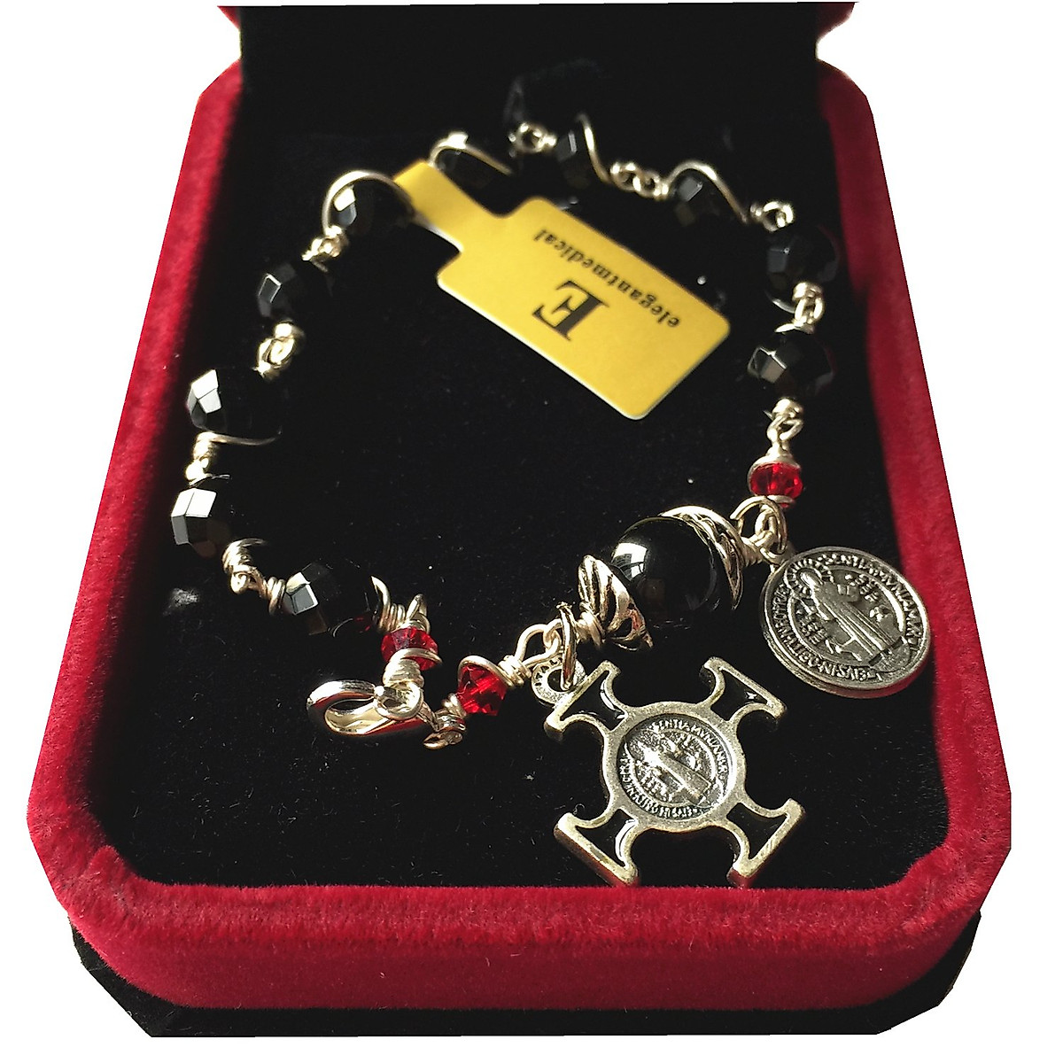 elegantmedical HANDMADE SILVETR Wire Wrap Black Agate Prayer Beads Bracelet Rosary Cross Catholic