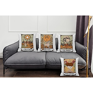 GICHUGI Astrology 18’’X18’’ Set of 4 Tarot The Sun The Moon The Star The Lovers Twelve Constellations Decorative Throw Pillow Case,Mystical Home Decor,Gifts for Tarot Astrology Lovers (White)