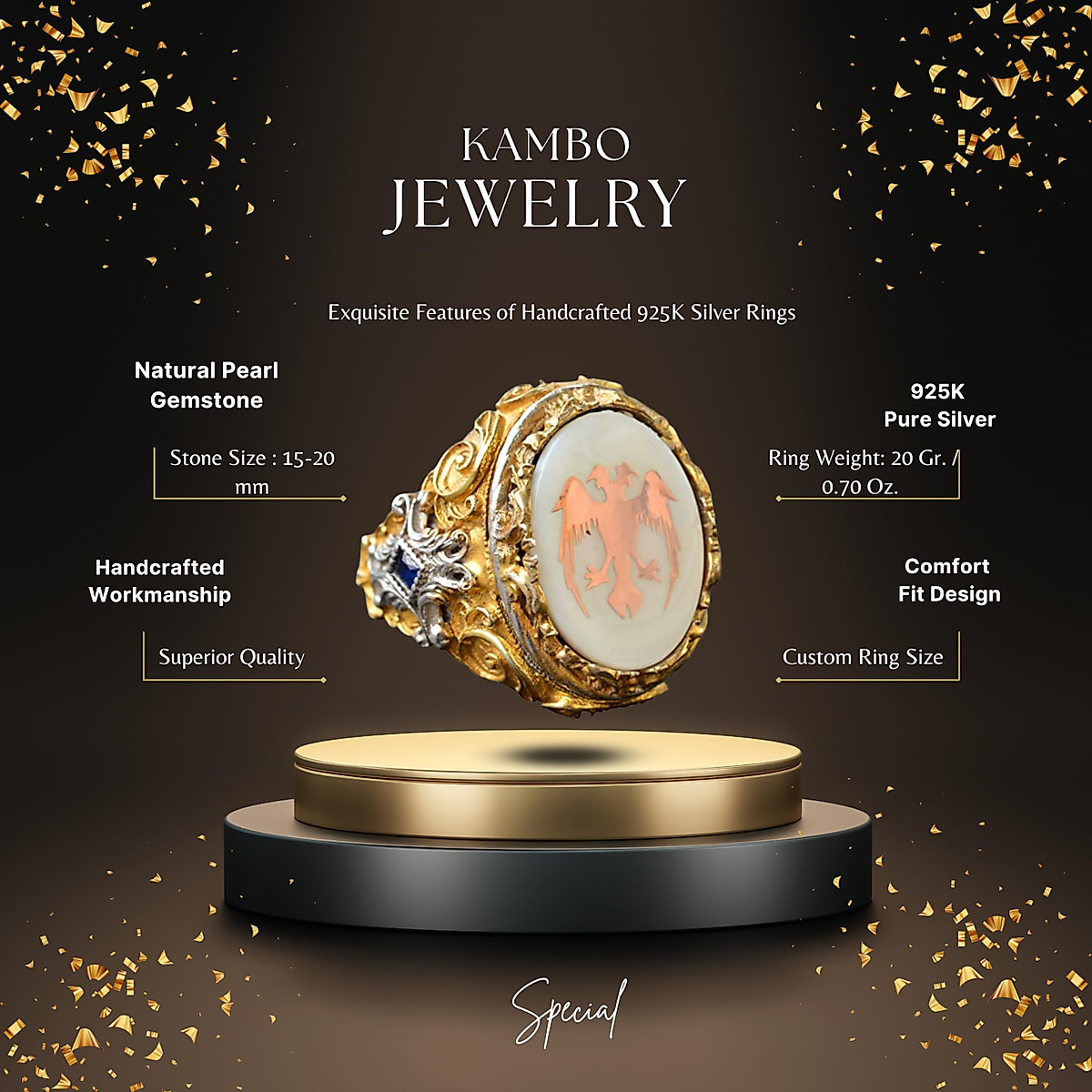 Men's Sterling Silver Ring - Pearl Stone - Signet Ring (Double Headed Eagle)