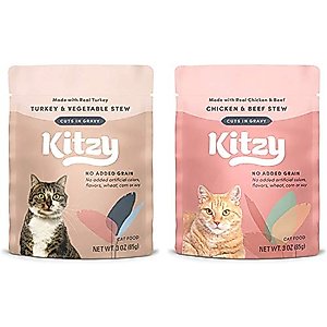 Amazon Brand - Kitzy Wet Cat Food, Variety Pack (Turkey & Vegetable/Chicken & Beef ) Stew Cuts in Gravy, Grain Free, 3 Oz Pouches (Pack of 24)