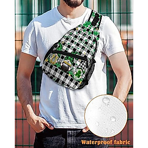 Sling Backpack, St.Patrick's Day Shamrocks Gnome Black and White Buffalo Plaid Waterproof Lightweight Small Sling Bag, Travel Chest Bag Crossbody Shoulder Bag Hiking Daypack for Women Men