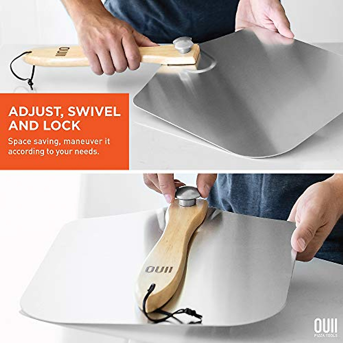 OUII Aluminum Pizza Peel Metal - 12 x 14 Inch. Pizza Spatula for Oven with Foldable Wood Handle. Pizza Oven Accessories and Pizza Tools. Pizza Turning Peel, Bread Peel, Pastry, Dough, Cake Spatula