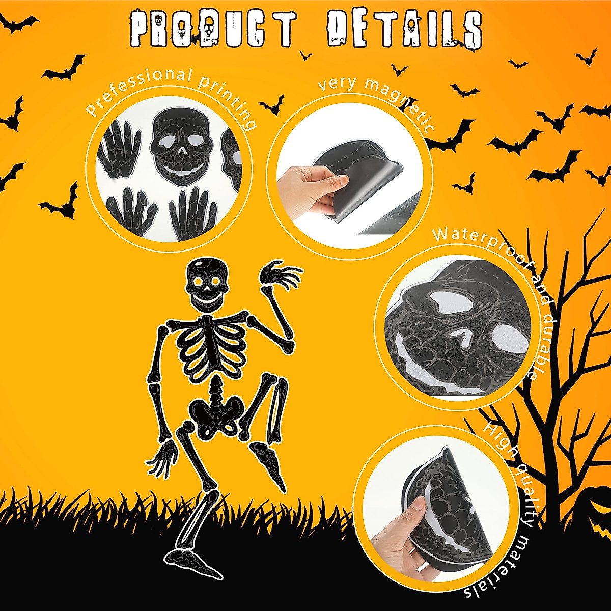 Bememo Halloween Skeleton Garage Door Magnets 42.9 Inches Dancing Skeleton Skull Magnetic Sticker Decor Black Large DIY Garage Magnets for Halloween Party Home Door Car Dishwasher Decor