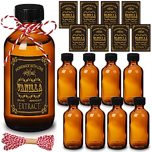 Uiifan 8 Pack Vanilla Extract Bottles with 8 Pcs Vanilla Extract Labels Stickers and Hemp Rope Amber Boston Round Bottles Empty Glass Jars with Lids for Syrup Gift Food Storage Sauce Beans(4 oz)